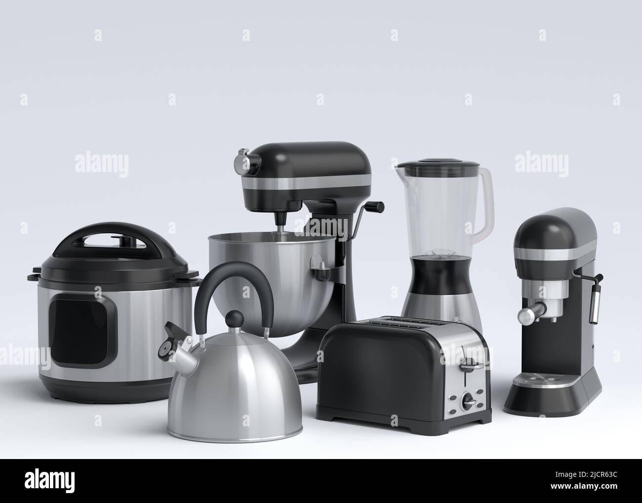 Electric kitchen appliances and utensils for making breakfast on white ...