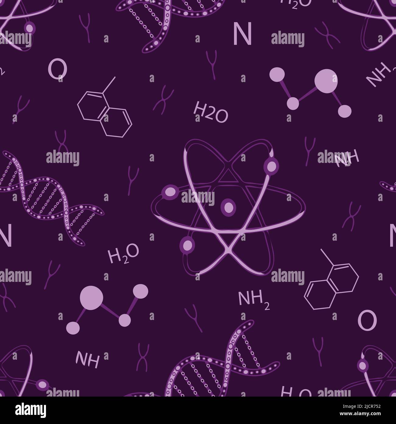 Seamless vector pattern with DNA and atoms on purple background. Simple ...