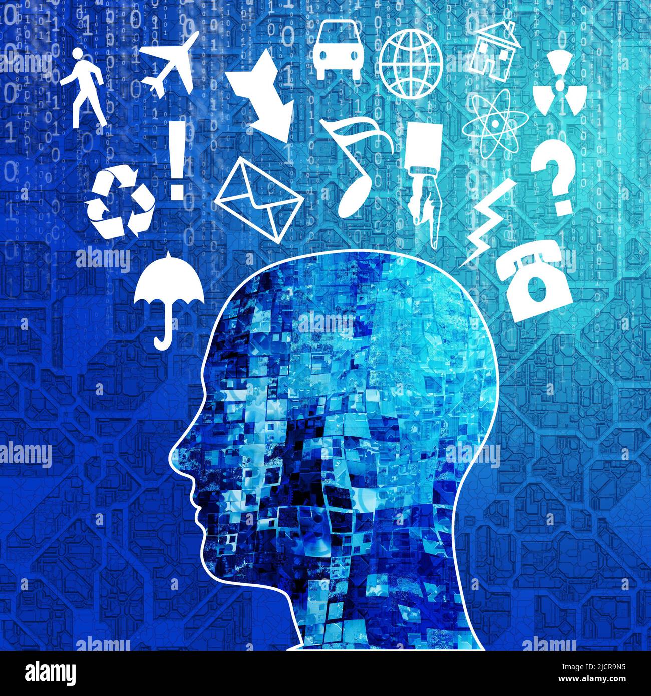 human head with symbols around it Stock Photo - Alamy