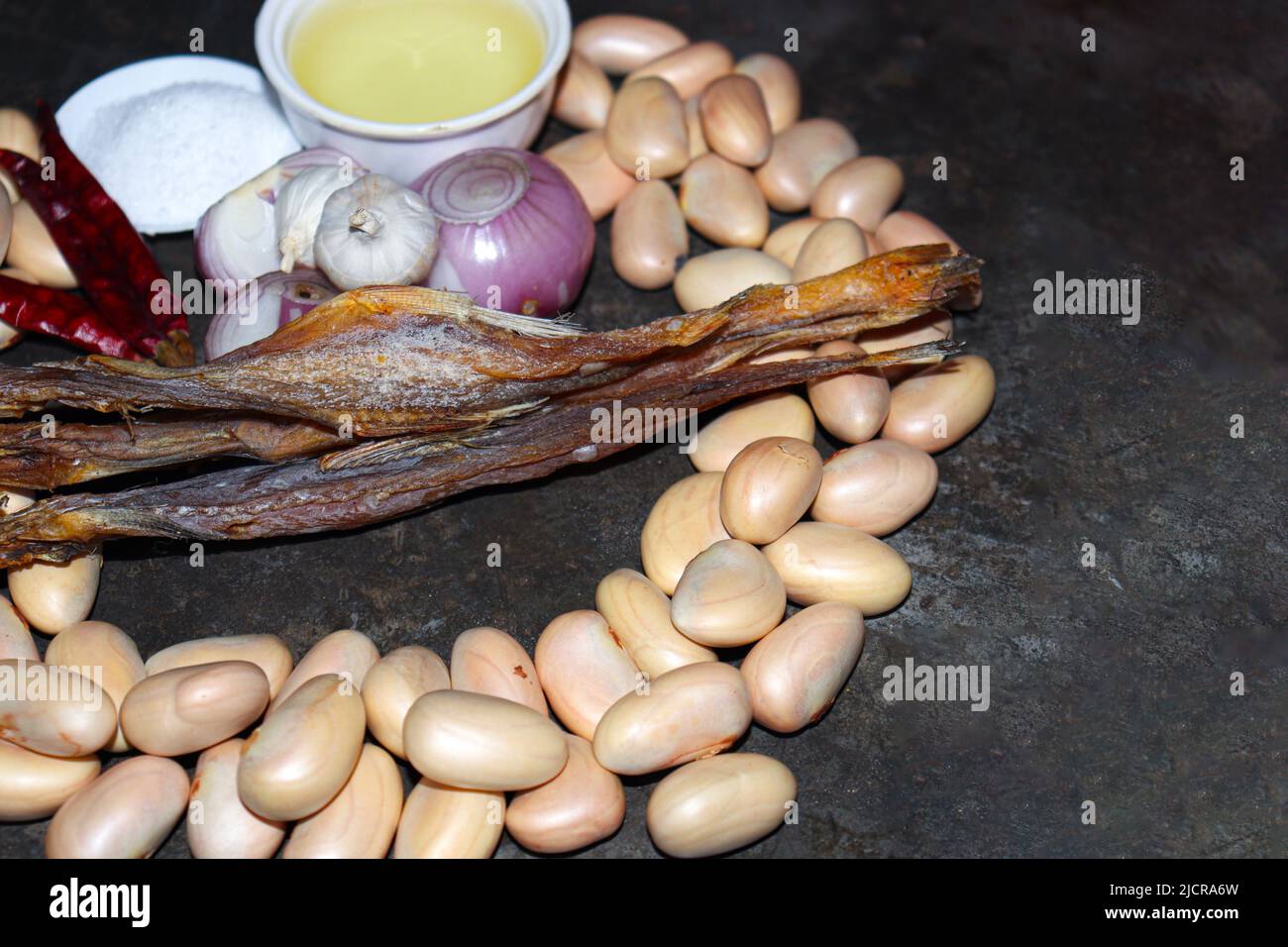 tasty and healthy ripe jackfruit seeds with dry fish and spice on ...