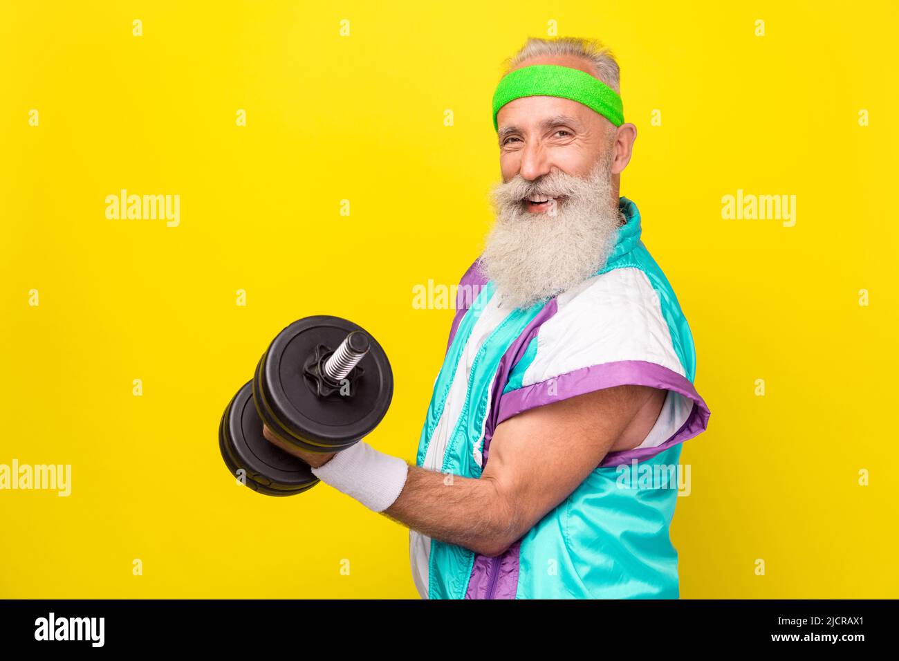Profile photo of sportive cheerful person arm hold lift dumbbell ...