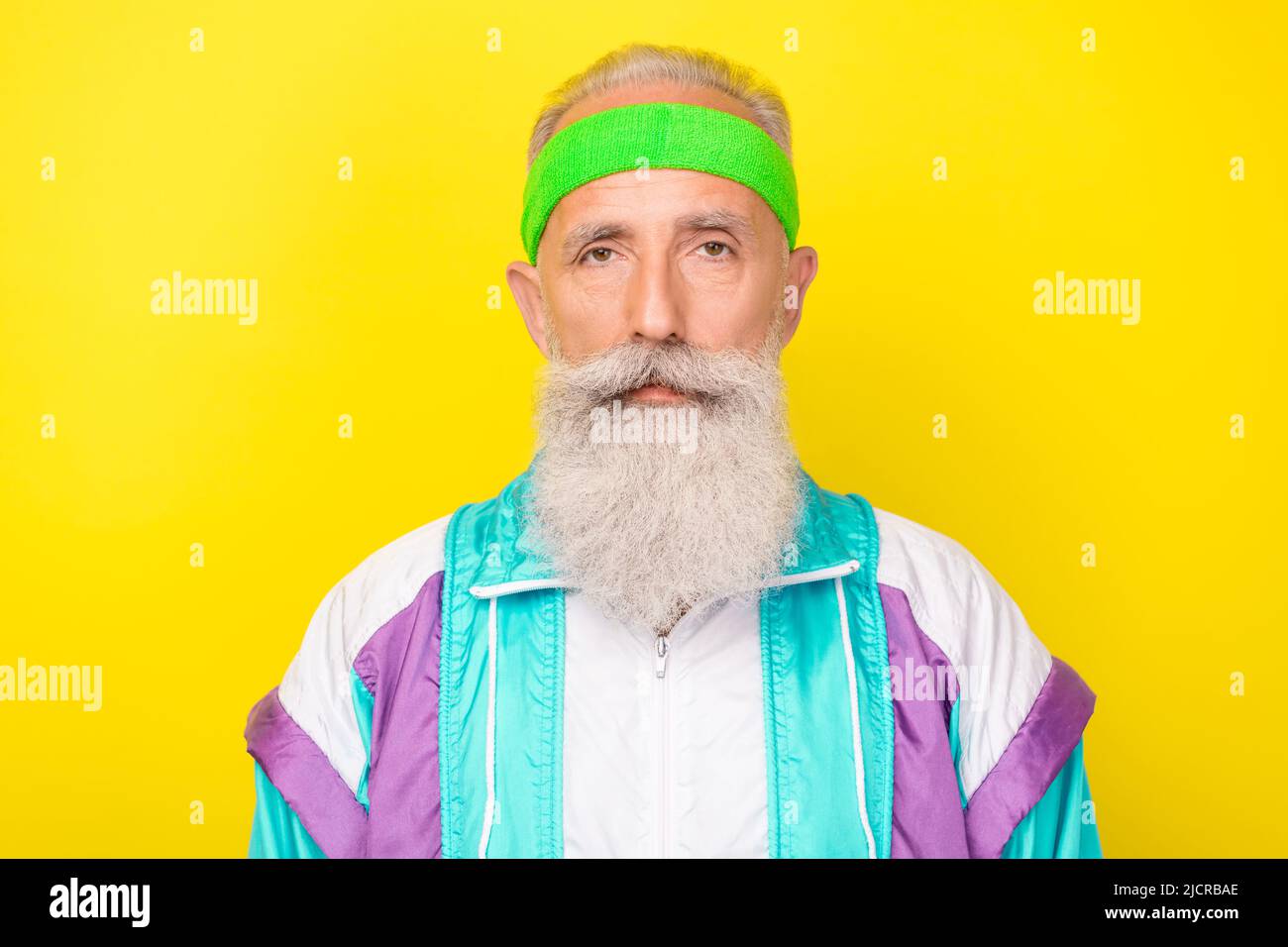 Photo of serious confident senior person calm face wear condensed milk ...
