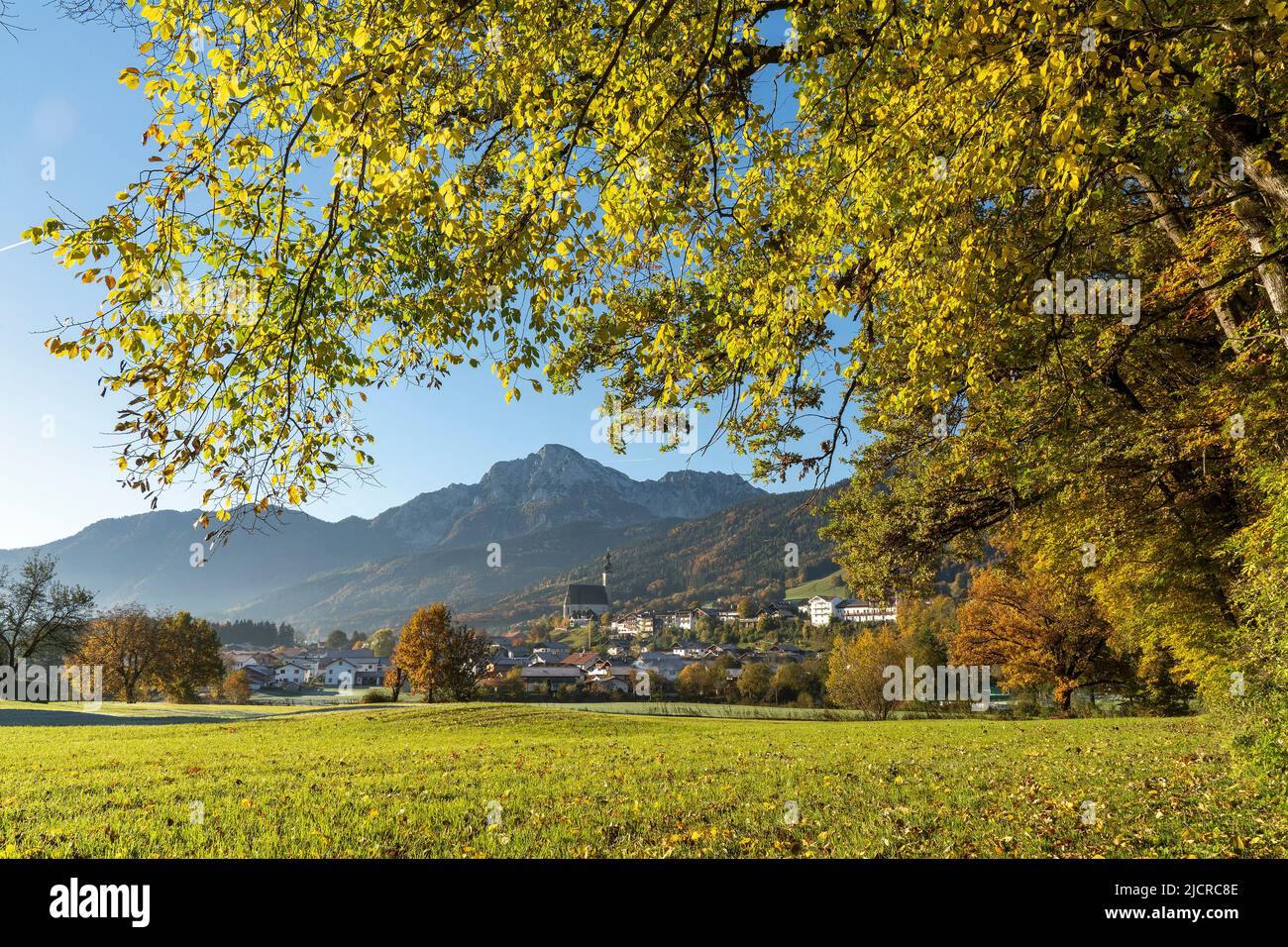 Village Anger in autumn with the mountain Hochstaufen in background ...