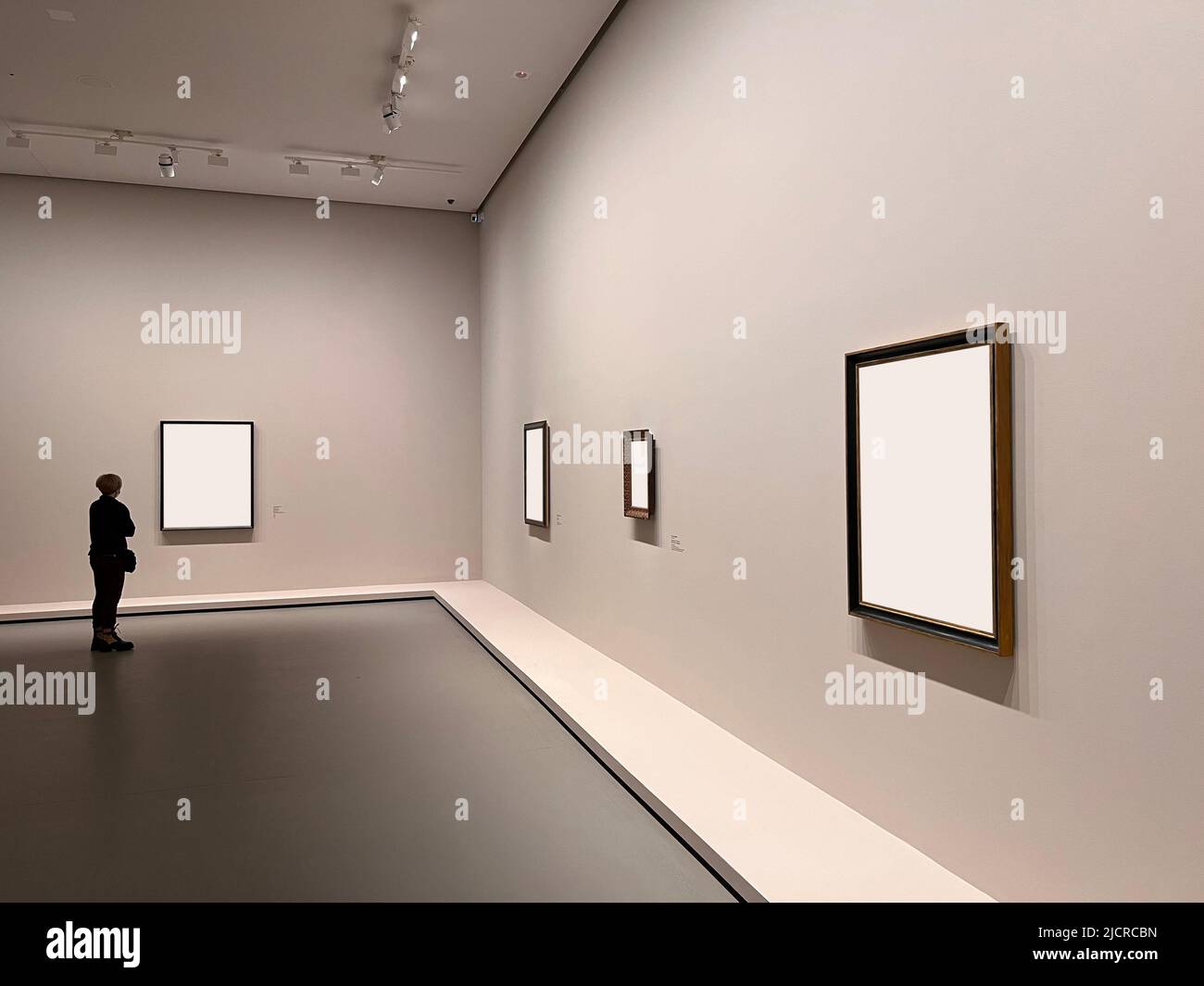 One people looking at empty frames on the wall of a museum Stock Photo ...