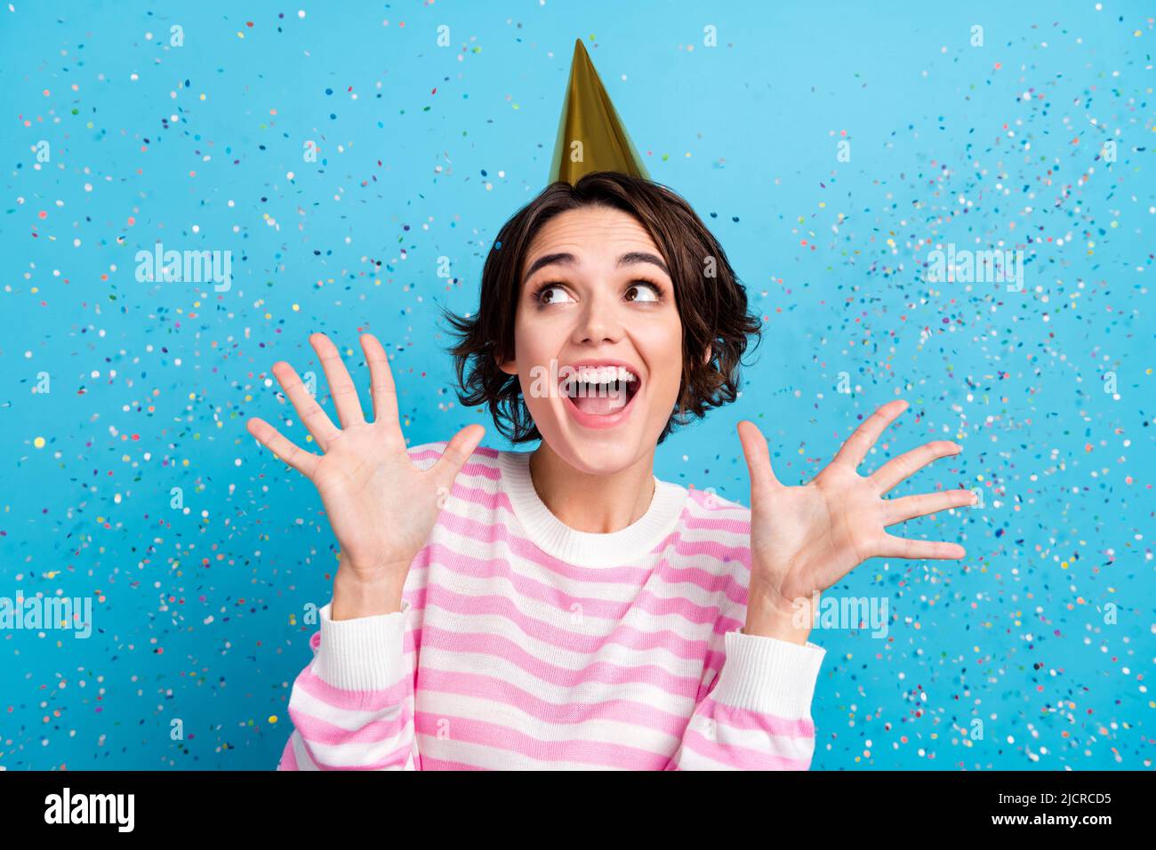 Photo of ecstatic delighted positive lady screaming in excitement ...