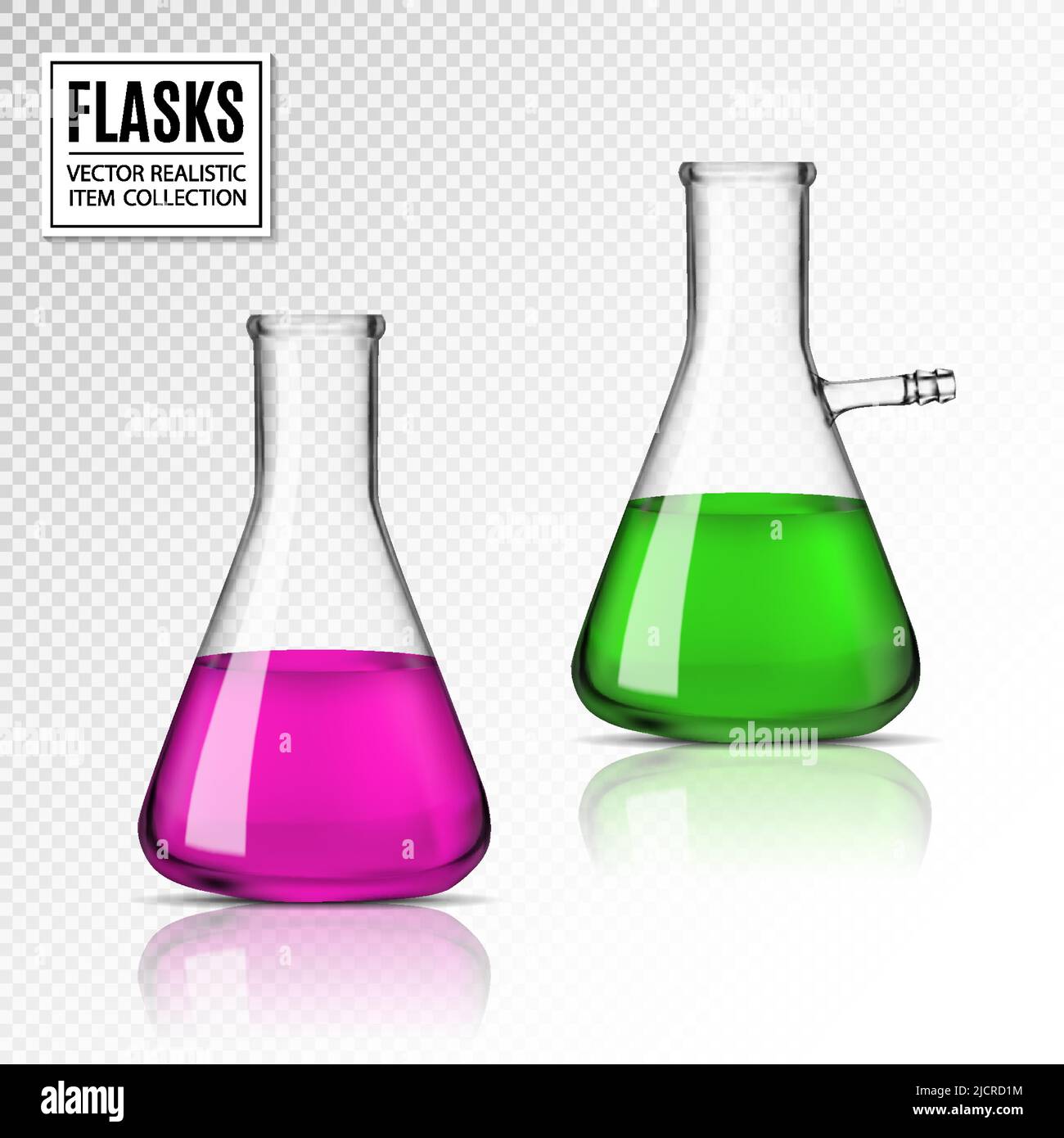 Vector transparent glass chemical flasks full off green and rose color ...