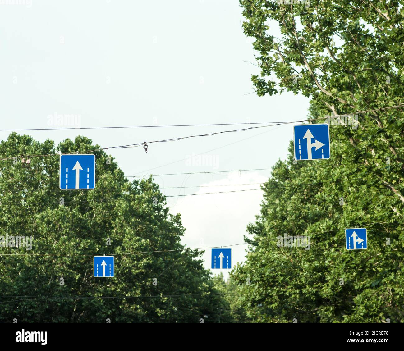 Blue road signs hanging above the highway Stock Photo - Alamy