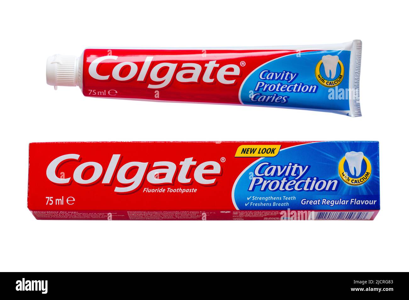 Box and tube of new look Colgate Cavity Protection toothpaste fluoride ...