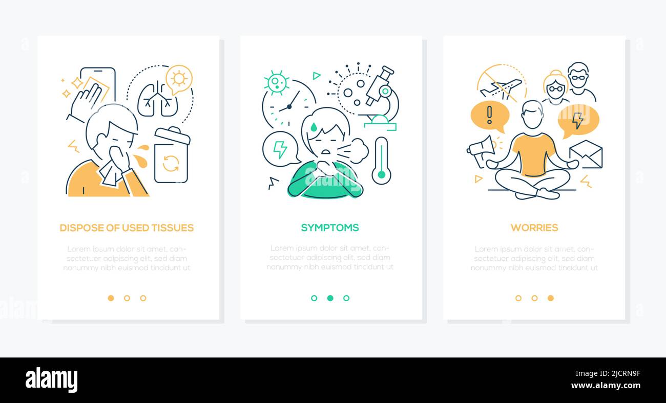 Disease, symptoms and worries - line design style banners set Stock ...
