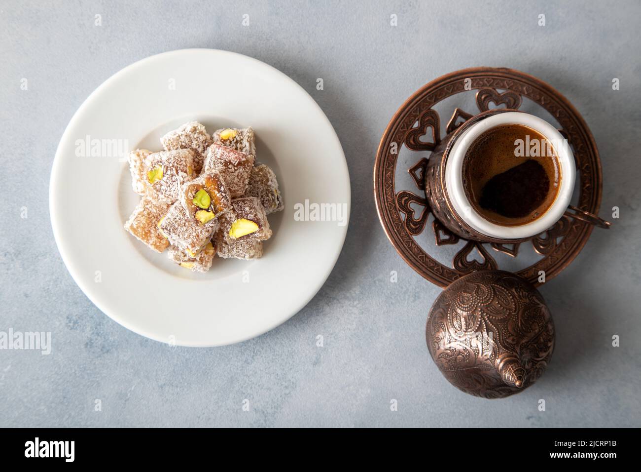 Traditional pistachio Turkish delight and Turkish coffee, top view ...