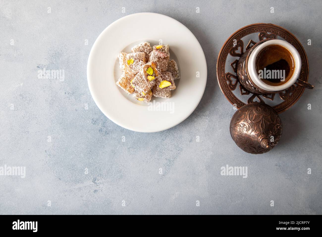 Traditional pistachio Turkish delight and Turkish coffee, top view ...