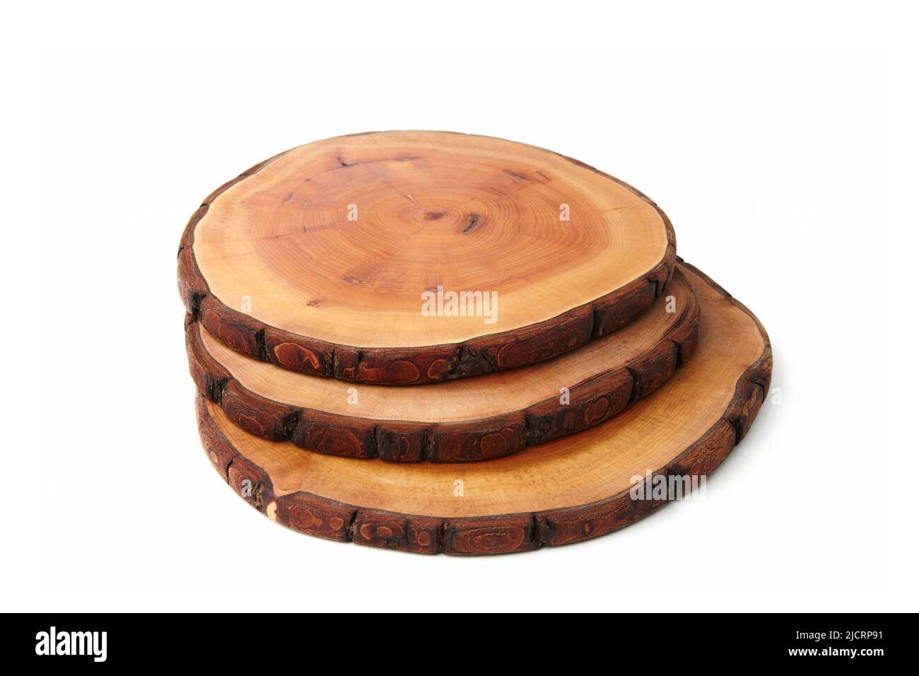 Wooden cutting boards isolated on white background. Tree trunk cut for ...