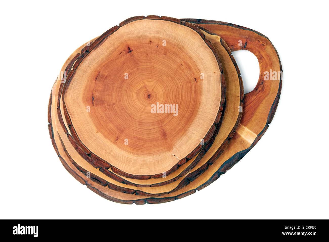 Wooden cutting boards isolated on white background. Tree trunk cut for ...