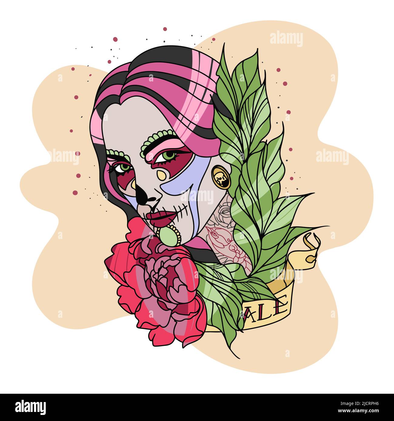 Beautiful girl in Chicano style, with a tattoo, roses in her hair, a ...