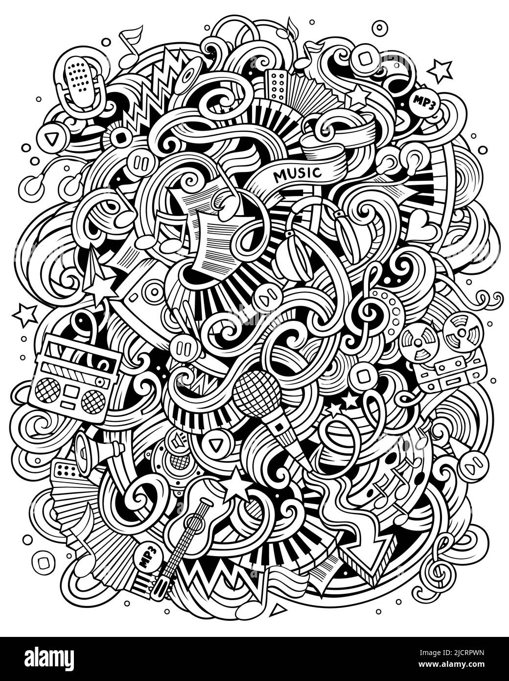 Music hand drawn raster doodles illustration. Musical poster design ...