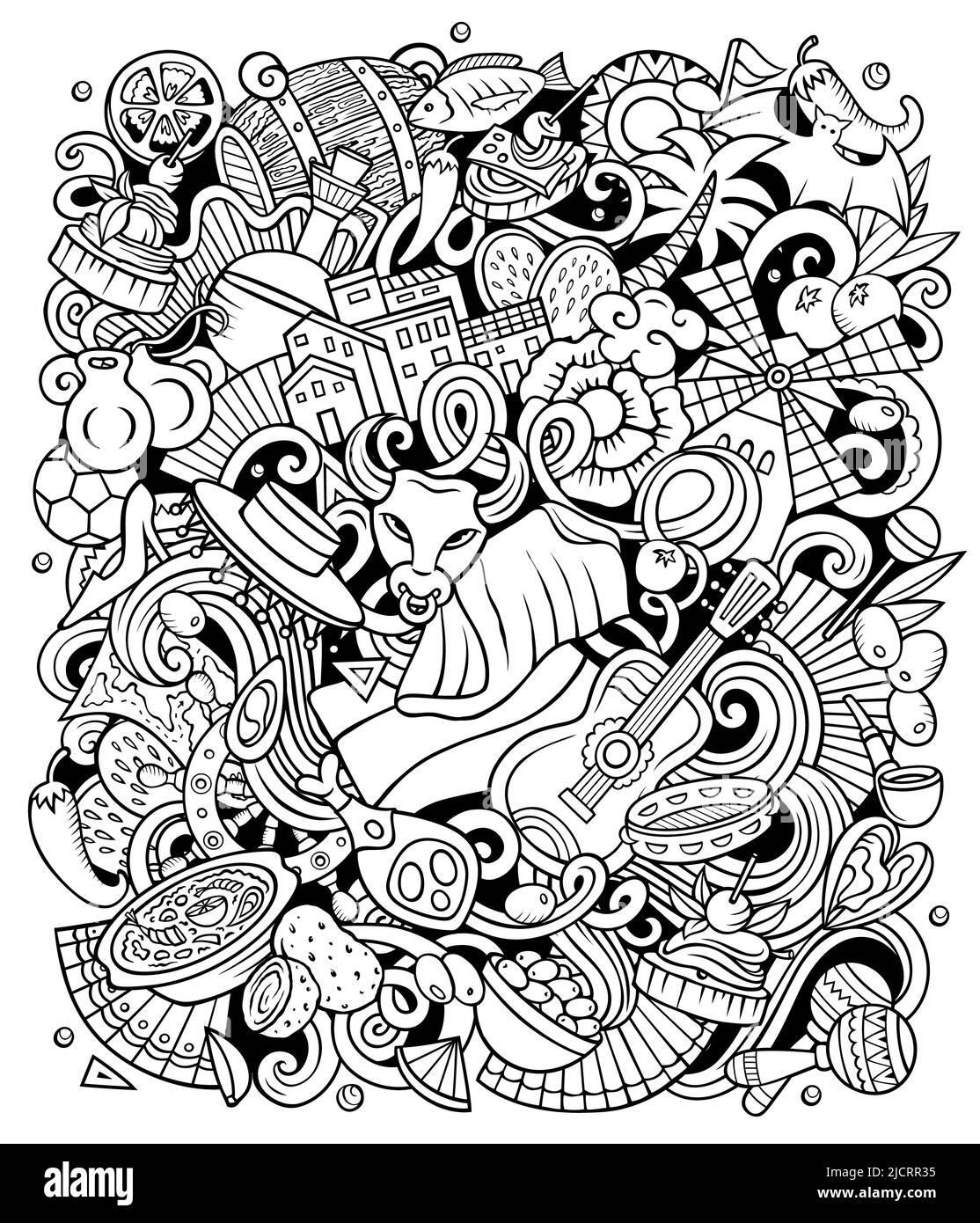 Spain cartoon raster doodles illustration Stock Photo - Alamy