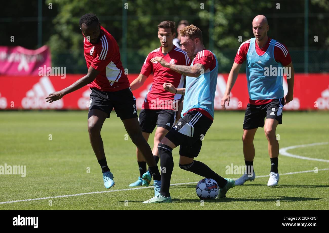 Liege. Belgium, 15 June 2022, Standard's Renaud Emond fights for the ...