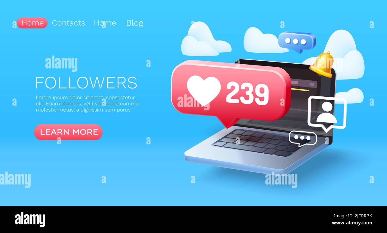 Landing page laptop followers, website banner message. Vector ...