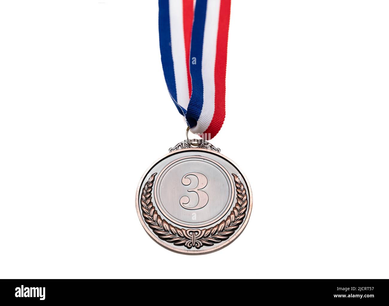 Bronze medal, third place. Champion trophy award and red blue ribbon ...