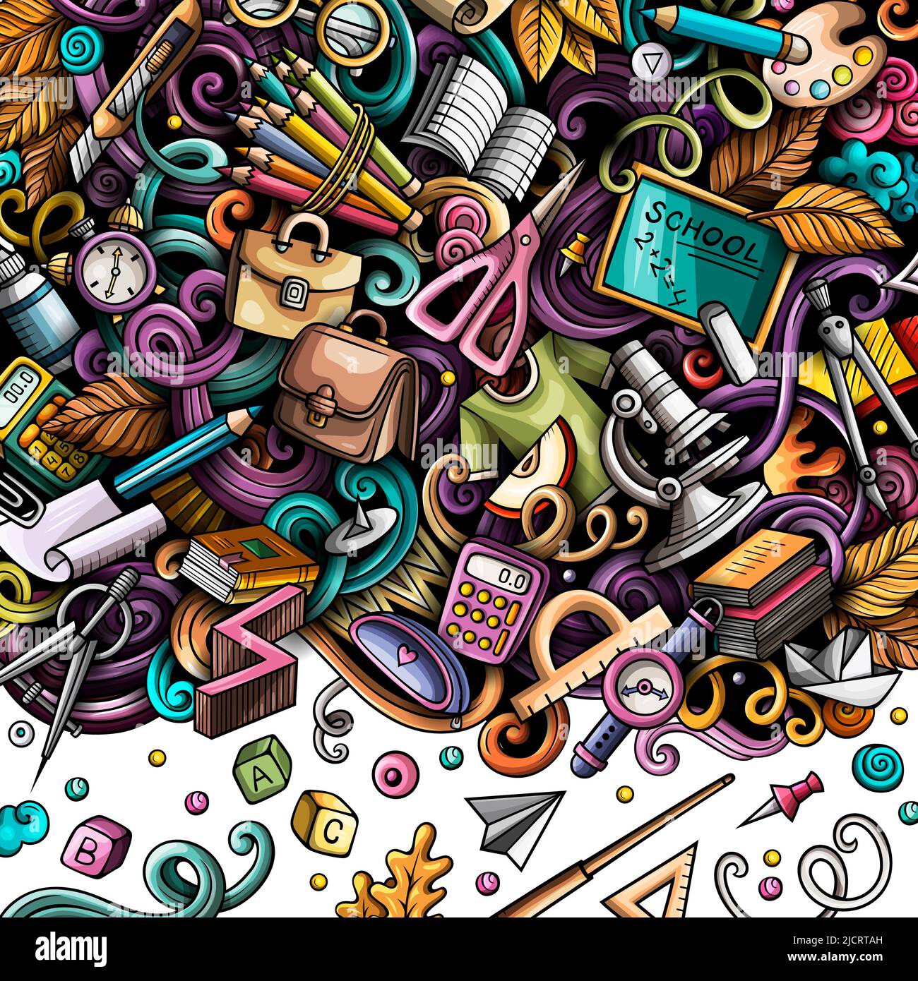 Cartoon raster doodles Back to school frame Stock Photo - Alamy