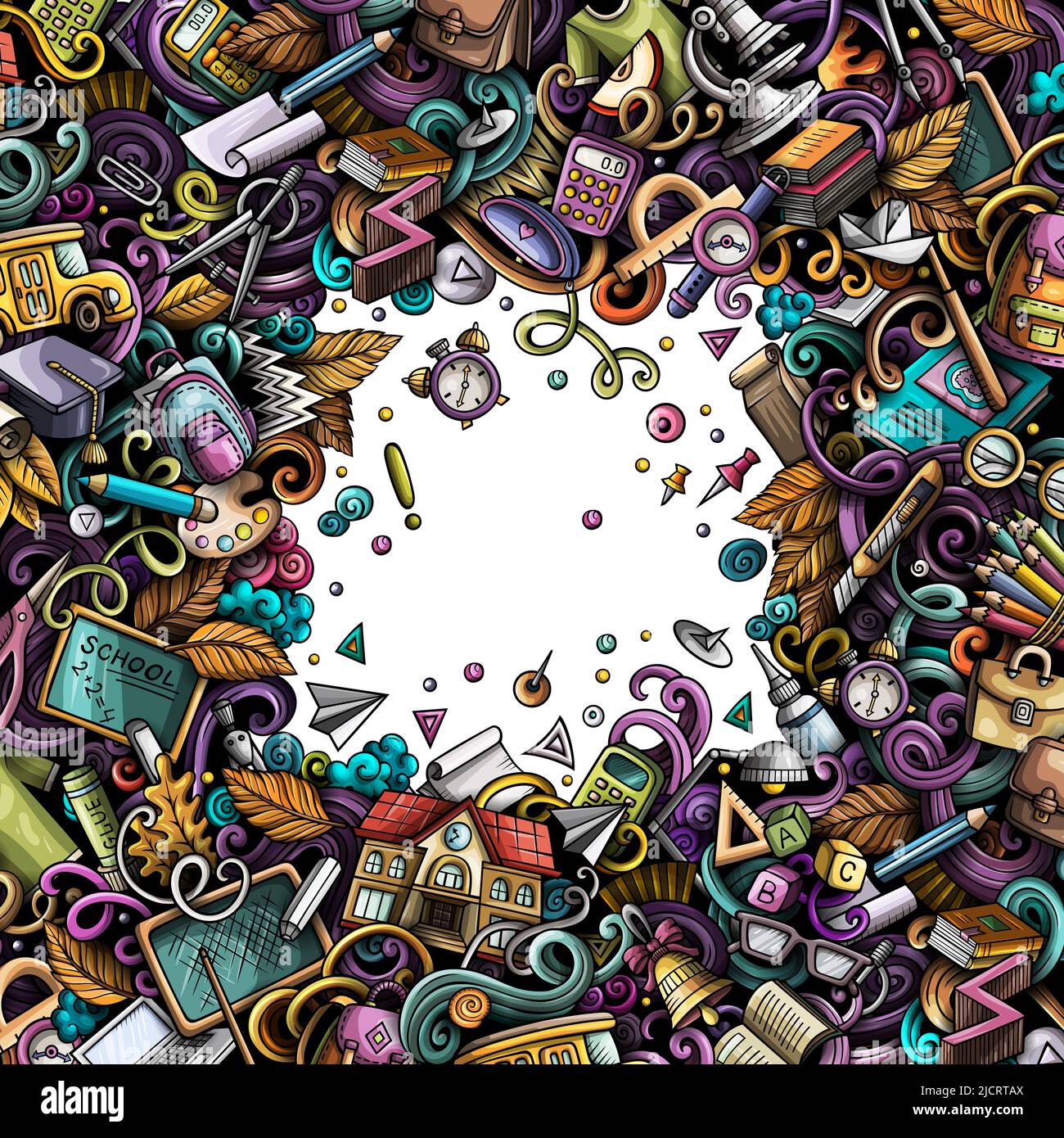 Cartoon raster doodles Back to school frame Stock Photo - Alamy