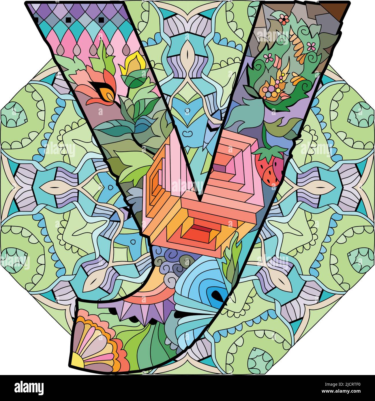 Hand-painted art design. Letter U cyrillic zentangle object on mandala ...