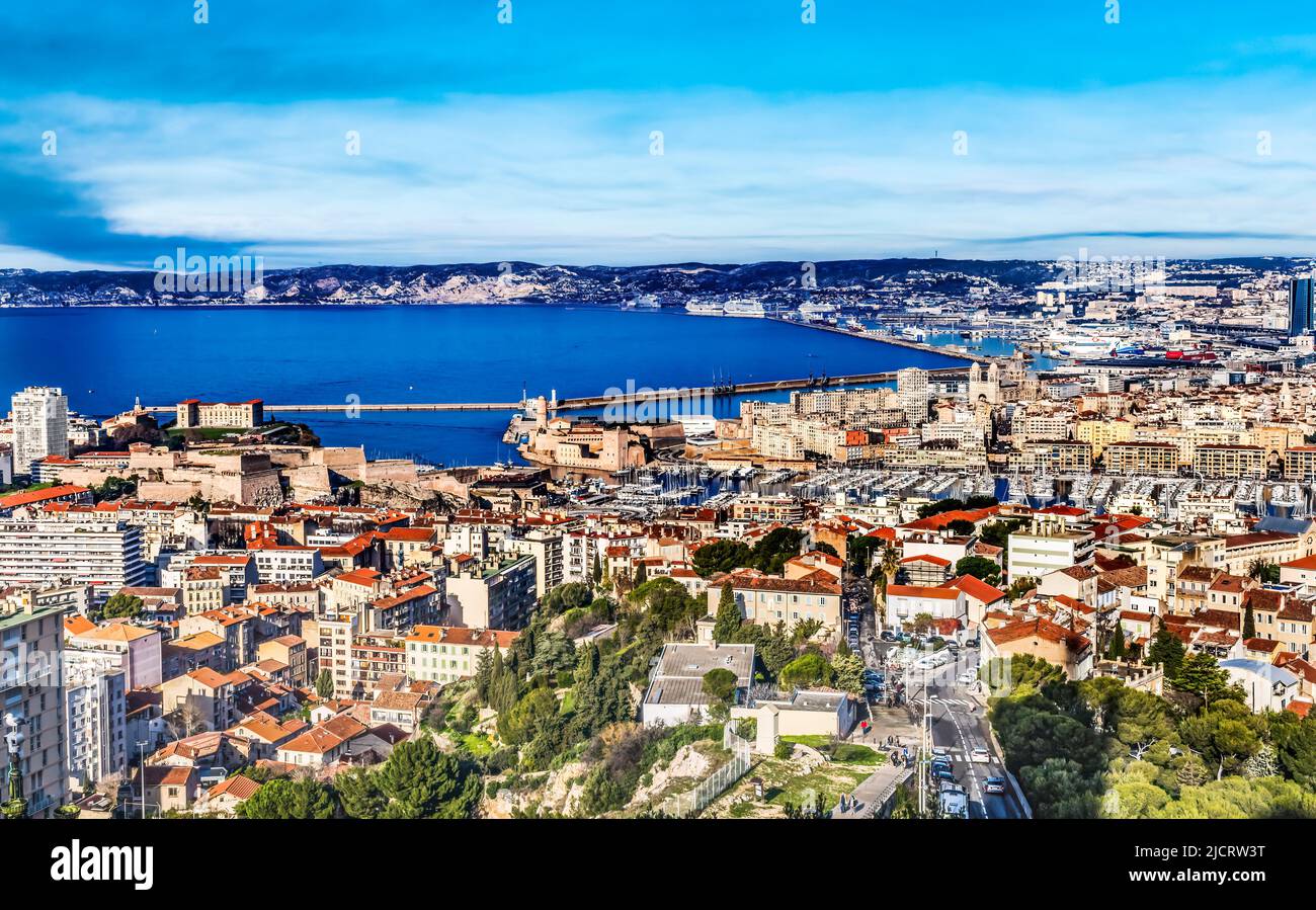 Marseille Cityscape Overview Harbors Port Boats Ships Cathedral ...