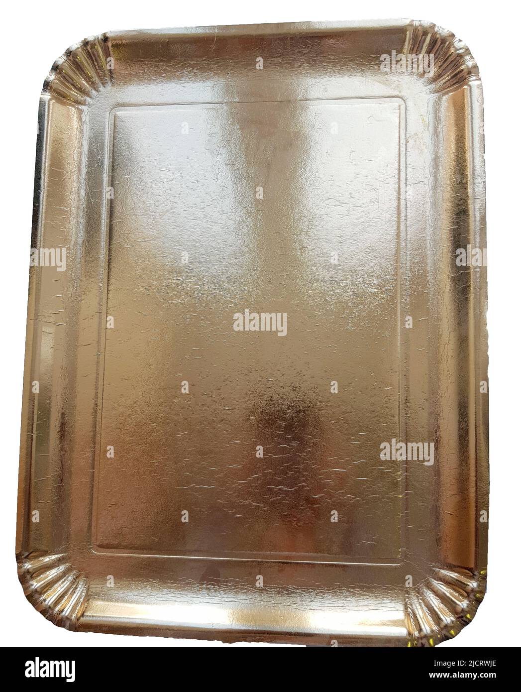 Top view of a shiny gold empty food tray isolated on a white background ...