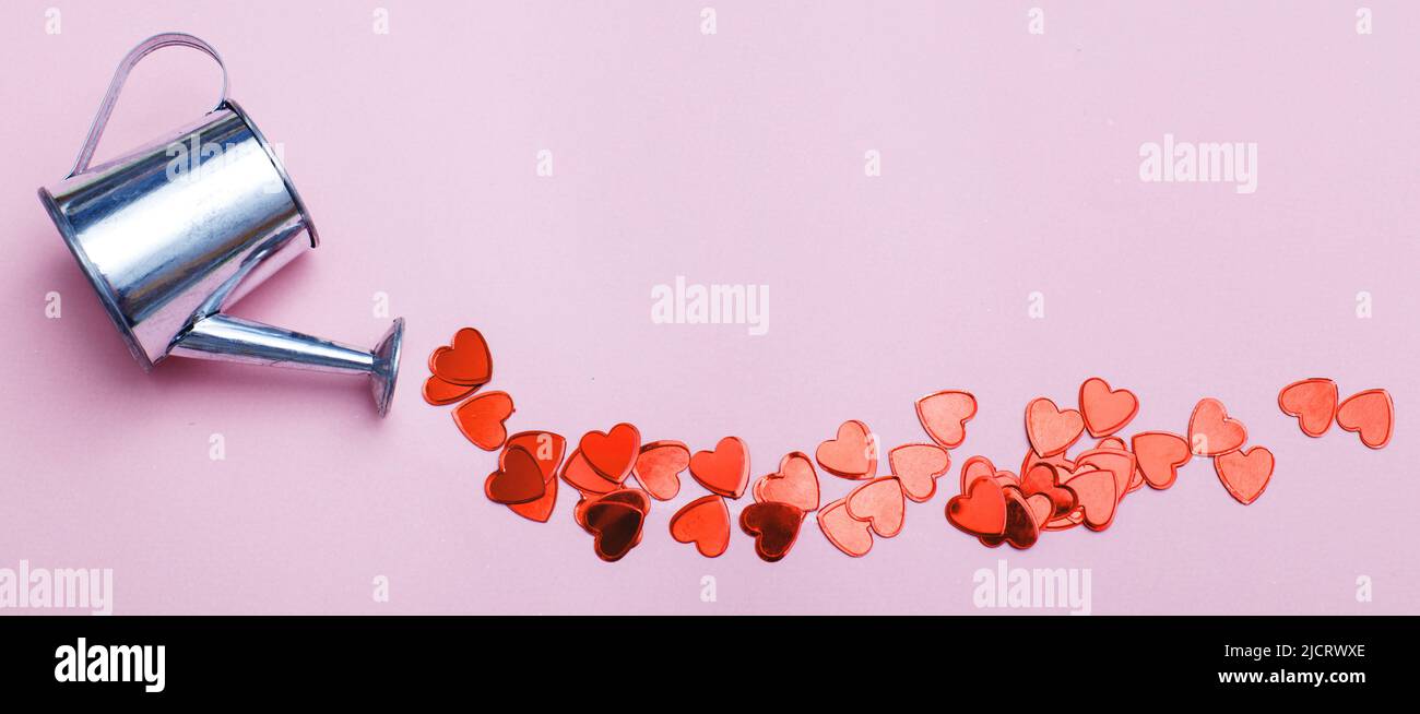 silver watering can flowers pouring hearts on pink background ...