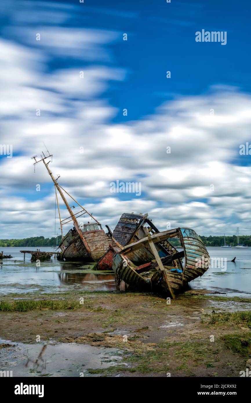 Pin Mill, England - 11 June, 2022: view of the boat graveyard at Pin ...
