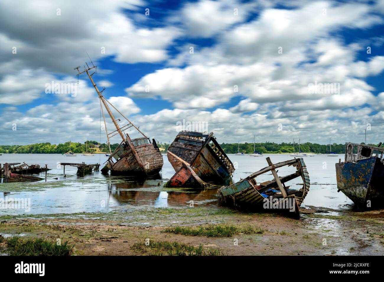 Pin Mill, England - 11 June, 2022: view of the boat graveyard at Pin ...