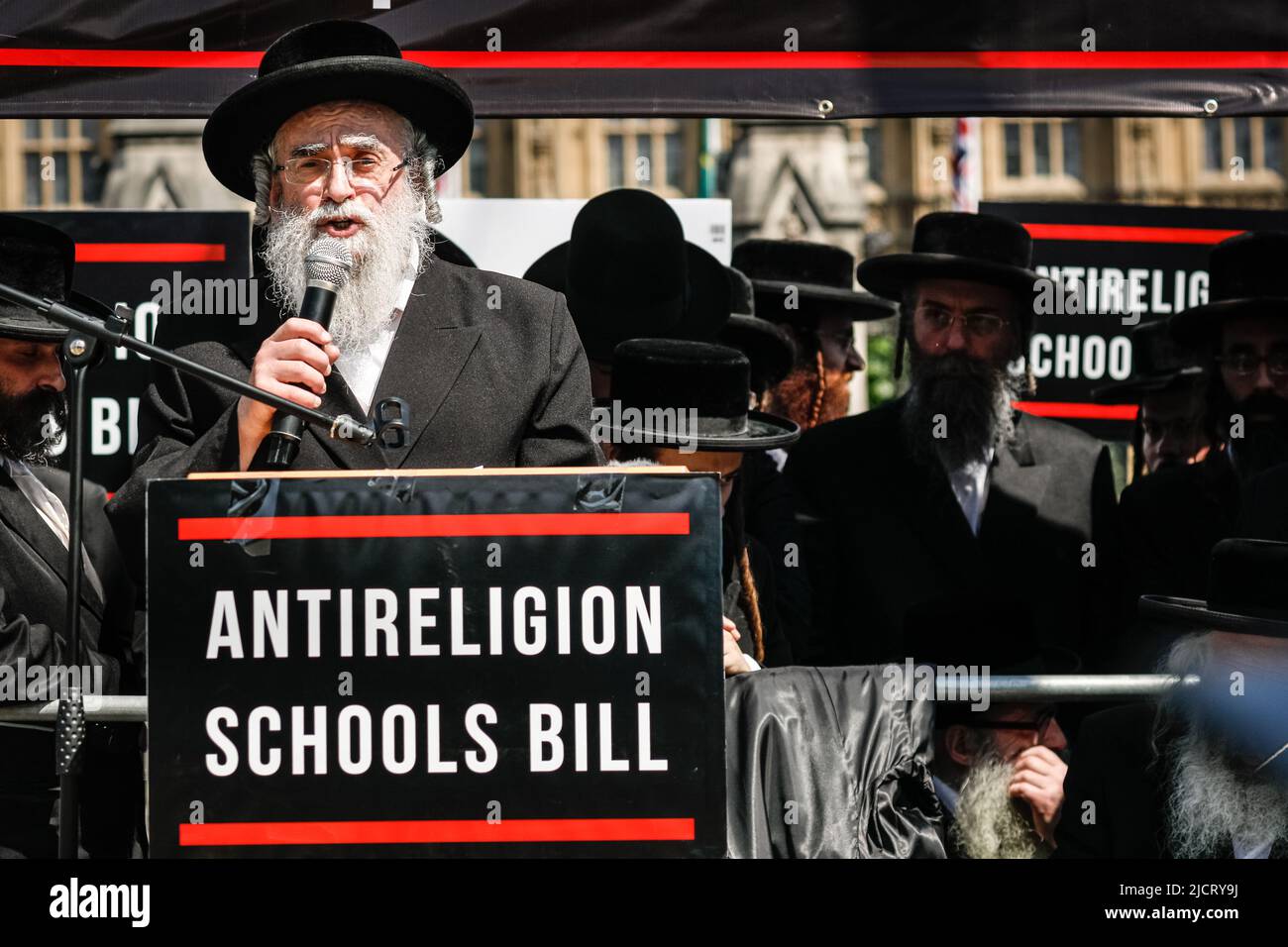 London, UK. 15th June, 2022. Stamford Hill's Rabbi Asher Gratt speaks ...
