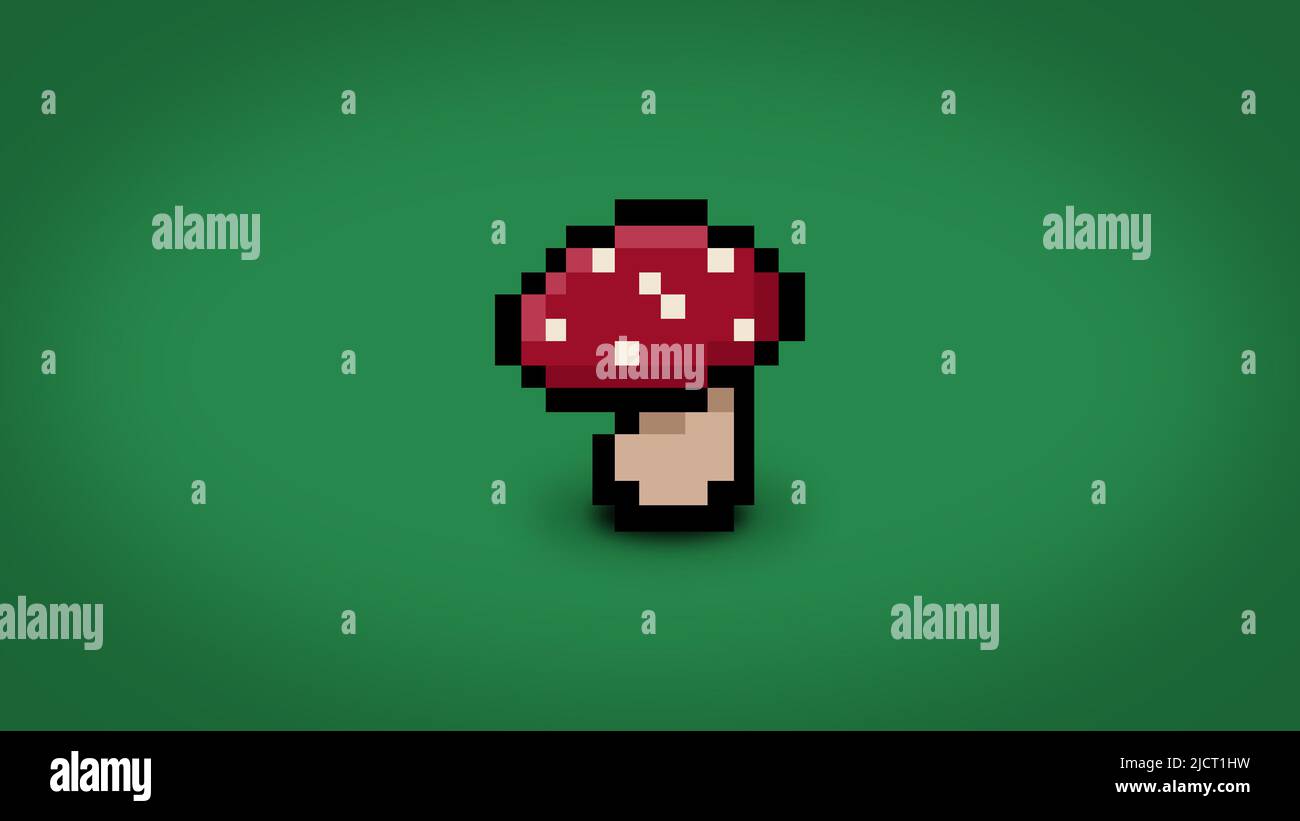 One pixel 8 bit red mushroom with white dots on a green background ...