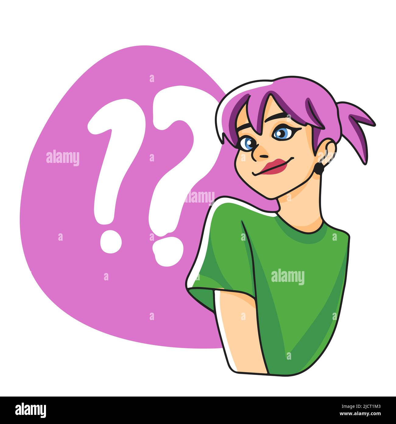 Girl expresses emotion, question mark, with pink hair, shows surprise ...