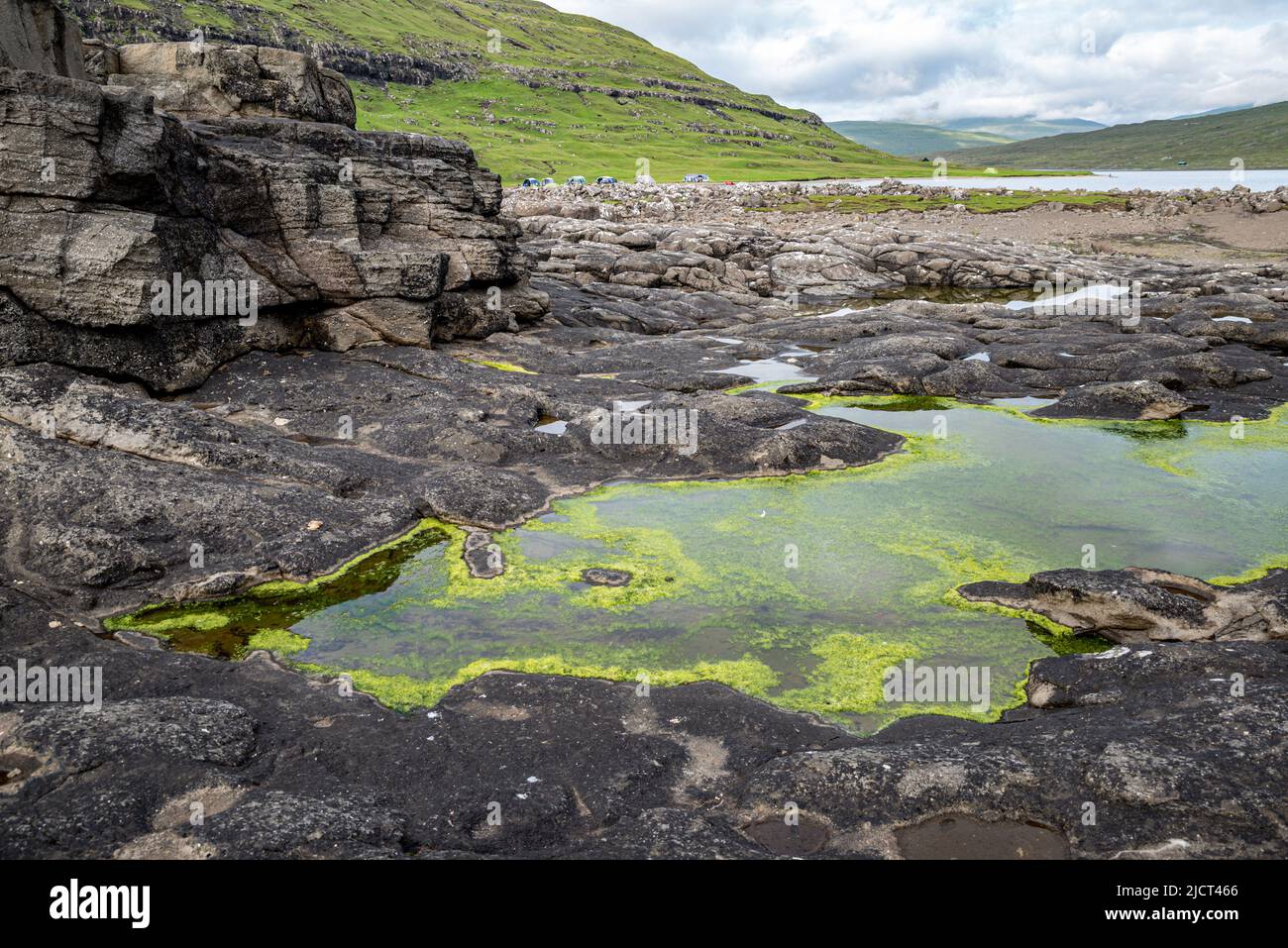 Water pools closed to Leitisvatn (Sørvágsvatn) lake, Vagar Island ...
