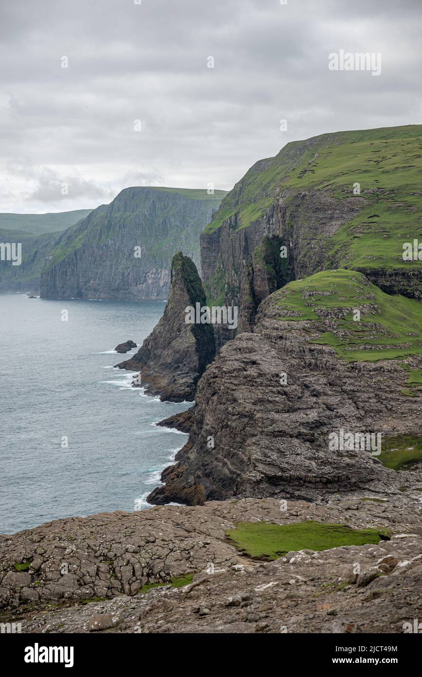 Sea cliffs close to Leitisvatn (Sørvágsvatn) lake, Vagar Island, Faroe ...