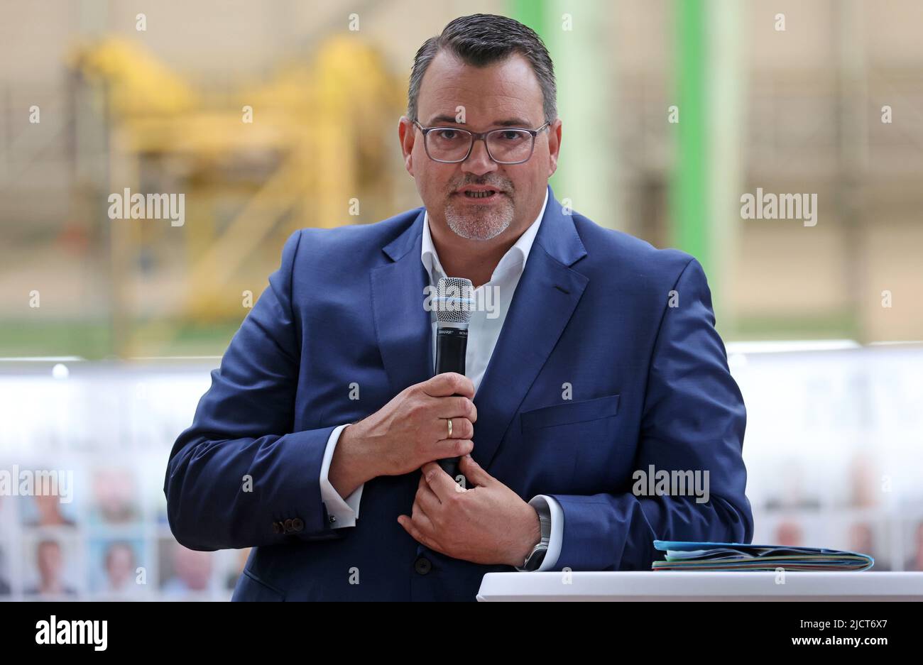 Wismar, Germany. 10th June, 2022. Oliver Burkhard, head of TKMS, speaks ...