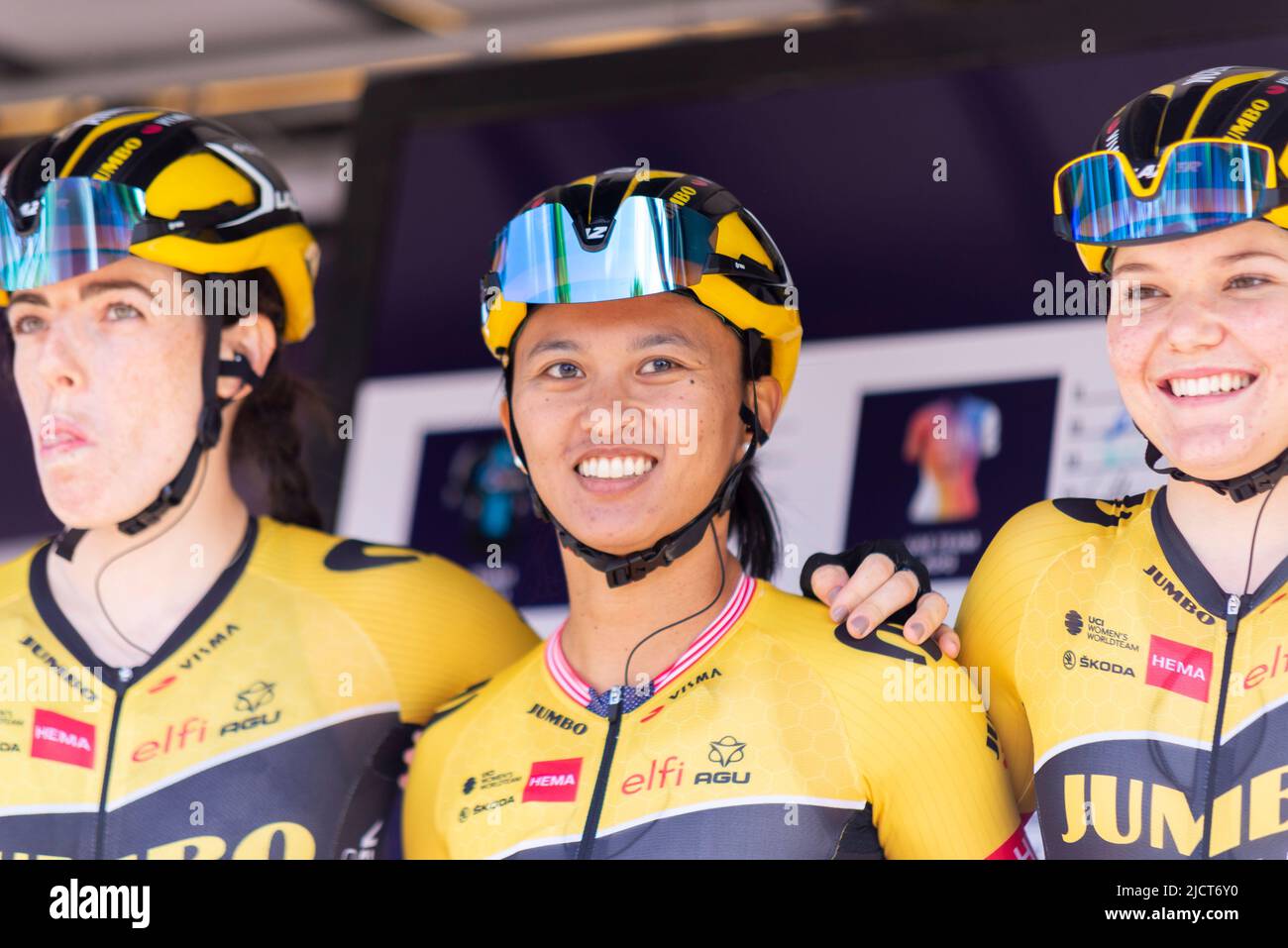 Anna Henderson, Coryn Labecki, Noemi Ruegg cyclists of team Jumbo Visma ...