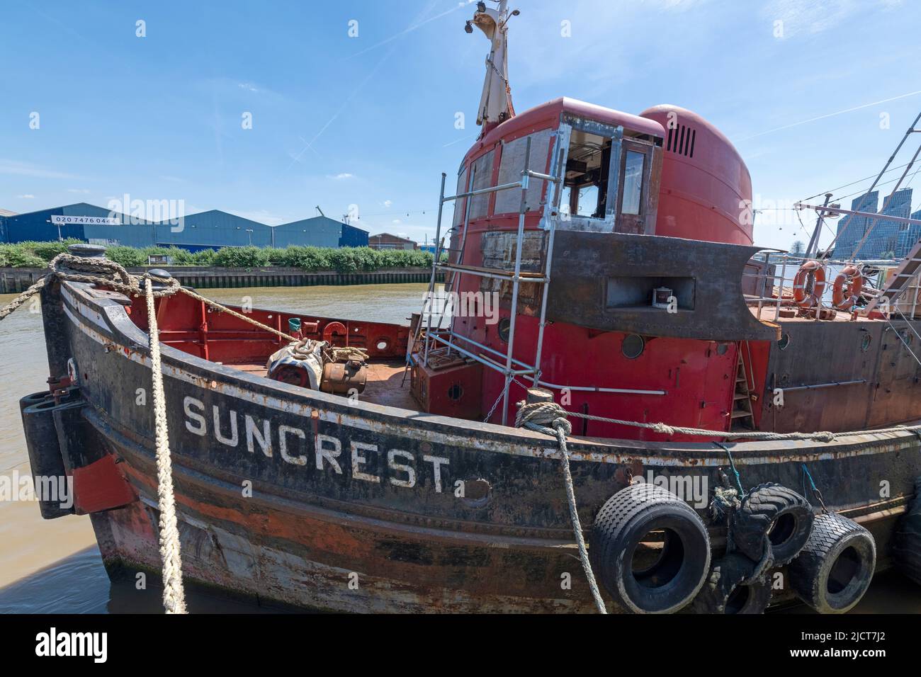 Suncrest, a disused Tug boat moored at Trinity Bouy Wharf, East London ...