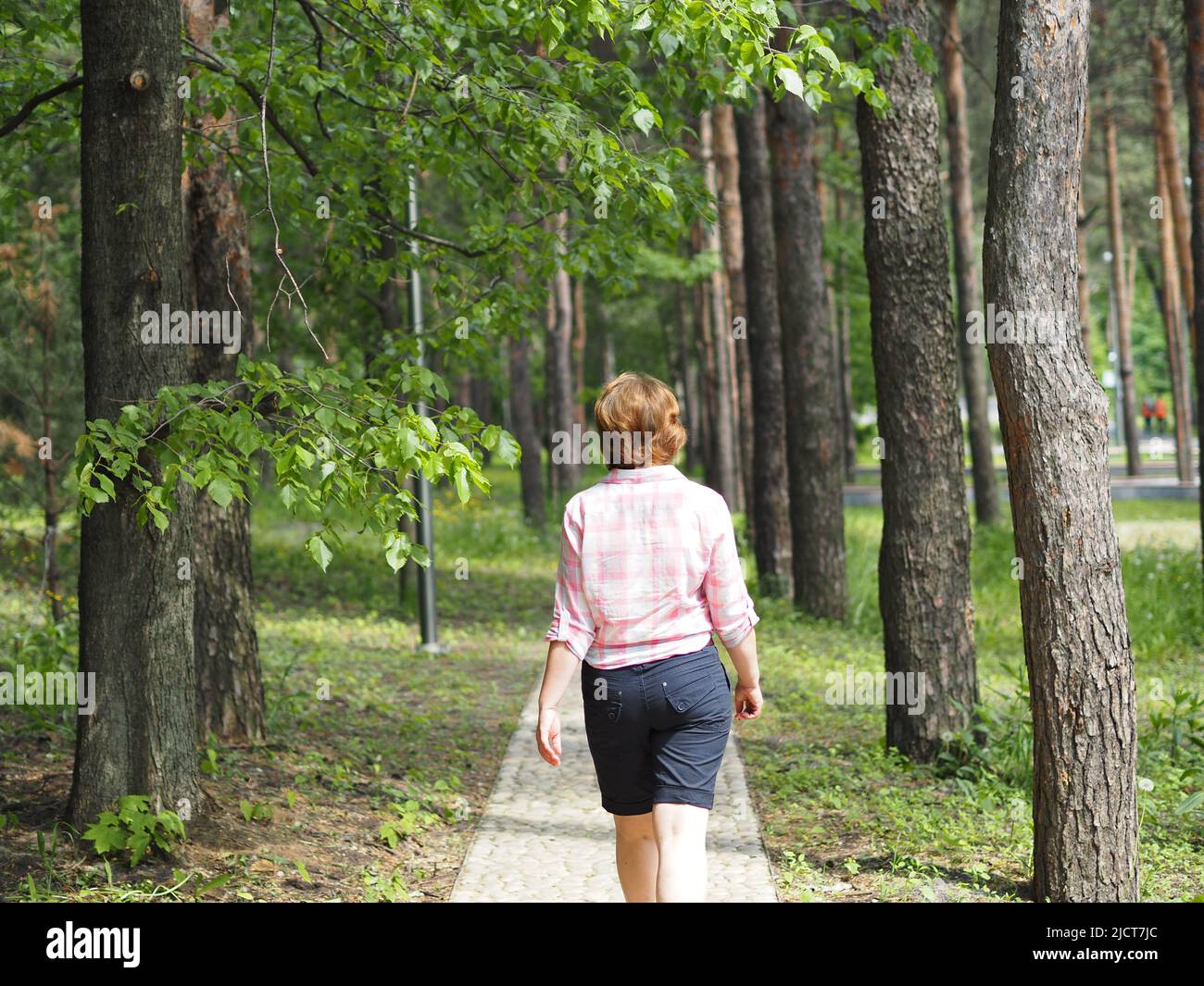 A woman walks in the summer in the park in sunny weather, she walks ...