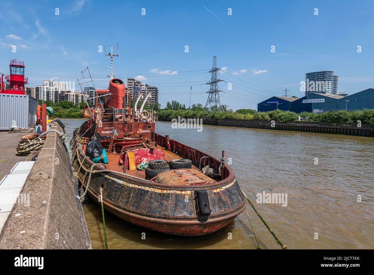 Suncrest, a disused Tug boat moored at Trinity Bouy Wharf, East London ...