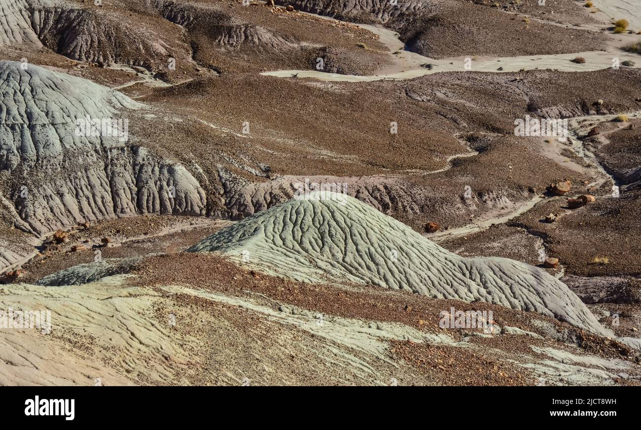 The Painted Desert on a sunny day. Diverse sedimentary rocks and clay ...