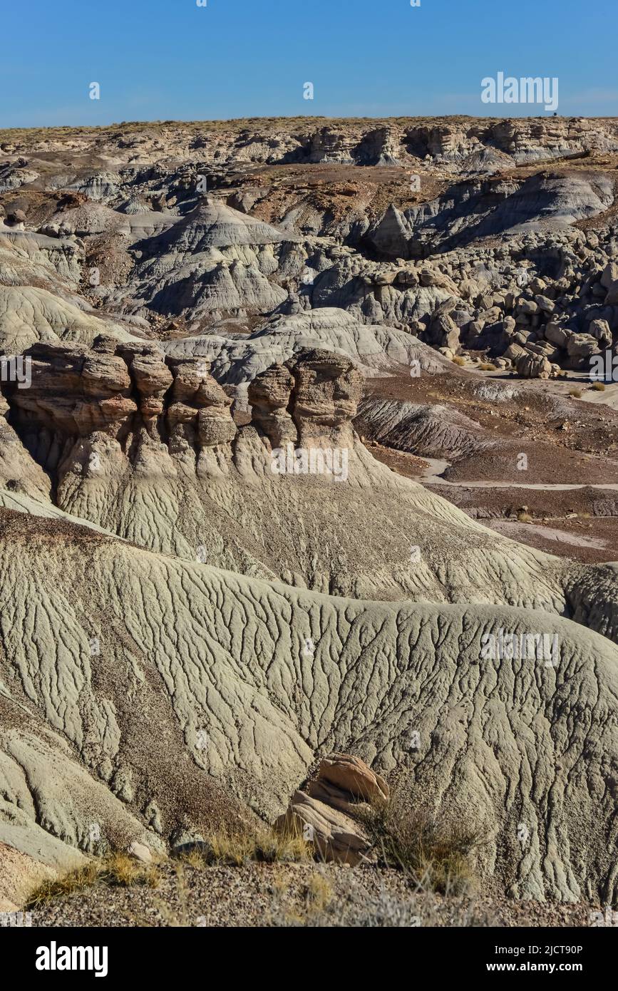 The Painted Desert on a sunny day. Diverse sedimentary rocks and clay ...