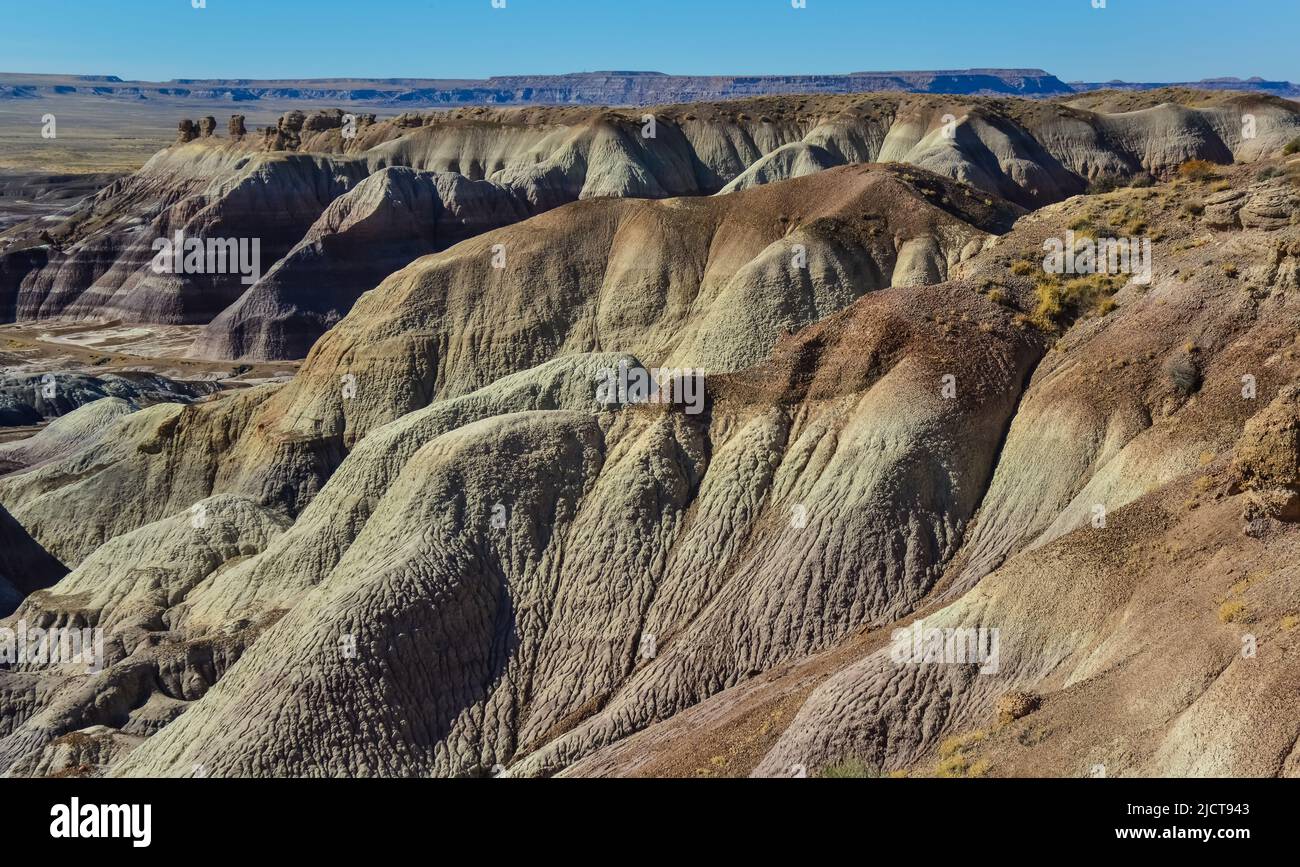 The Painted Desert on a sunny day. Diverse sedimentary rocks and clay ...