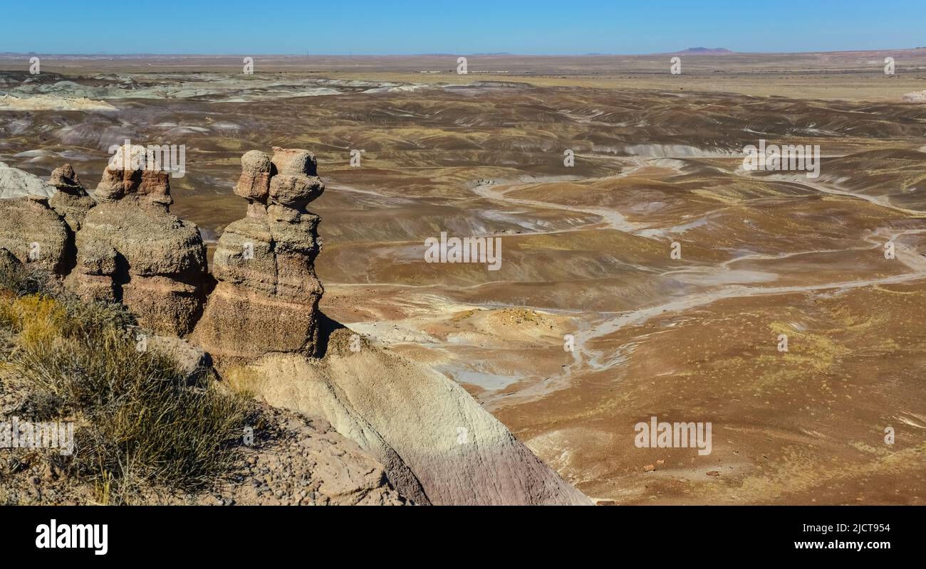 The Painted Desert on a sunny day. Diverse sedimentary rocks and clay ...