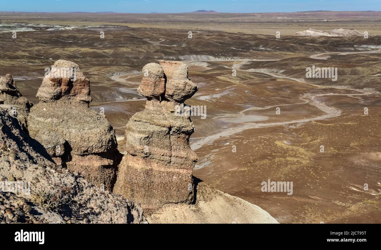 The Painted Desert on a sunny day. Diverse sedimentary rocks and clay ...