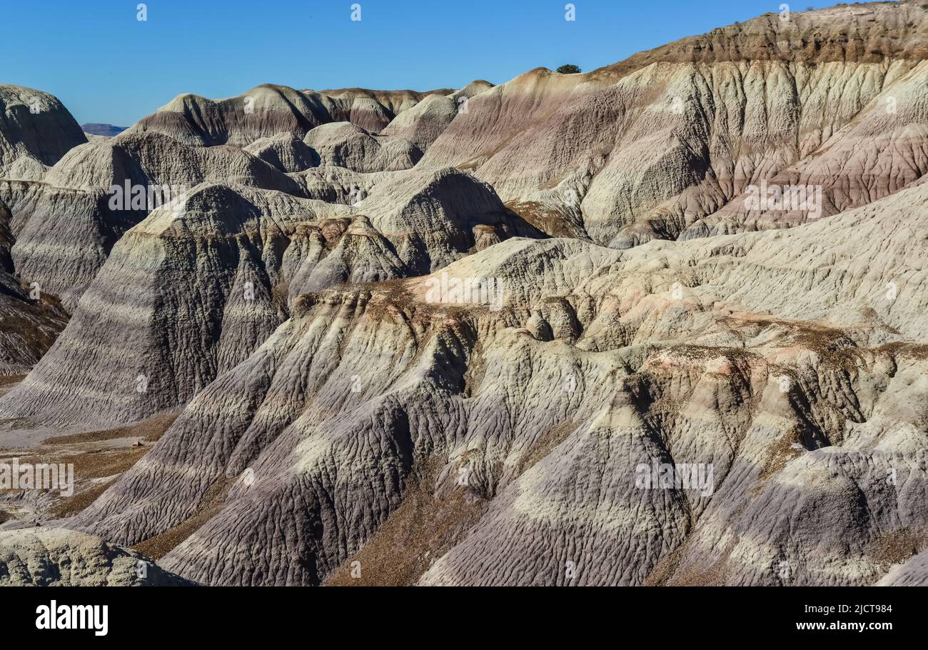 The Painted Desert on a sunny day. Diverse sedimentary rocks and clay ...