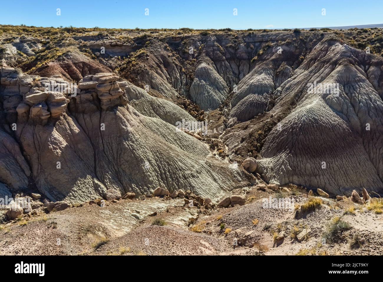 The Painted Desert on a sunny day. Diverse sedimentary rocks and clay ...