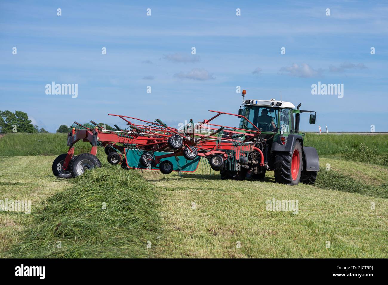 Lithuanian farmer prepare hay rows for baling with tedder Stock Photo ...