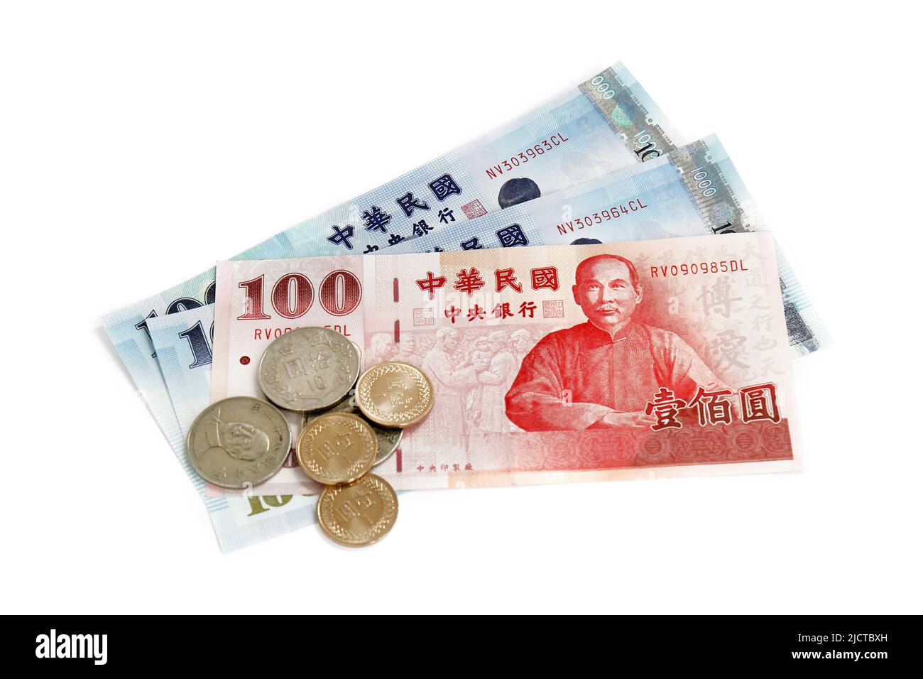 Taiwan money notes and coins on white background Stock Photo - Alamy